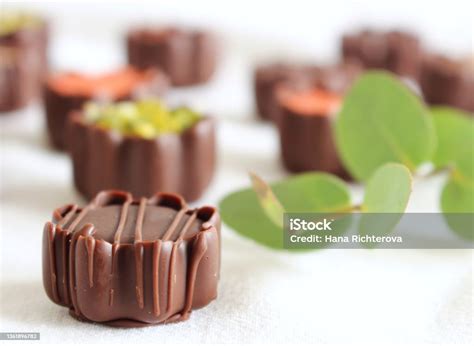 흰색 배경에 고립 된 다양한 초콜릿 프랄린의 최고 보기 독점 초콜릿 사탕 쇼콜라티에제품 컨셉 갈색에 대한 스톡 사진 및 기타