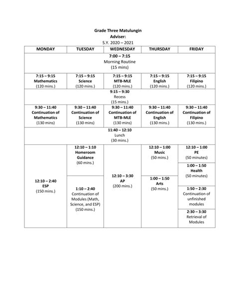 Grade 3 Timetable Matulungin Class Sy 2020 2021