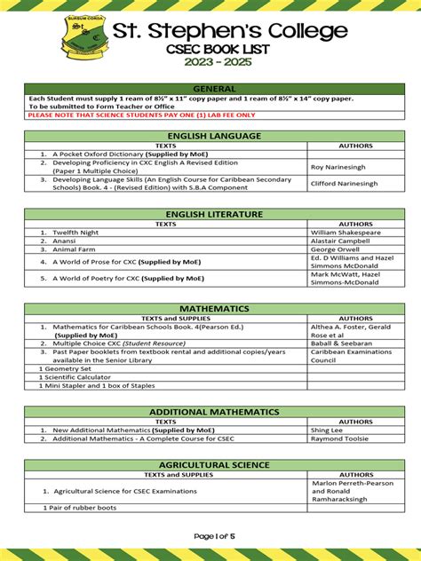 Csec Book List St Stephens College Pdf
