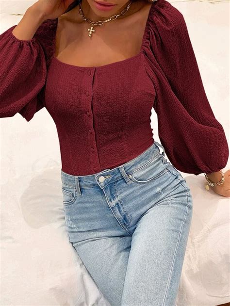 Square Neck Button Front Bishop Sleeve Blouse Fashion Clothes Women