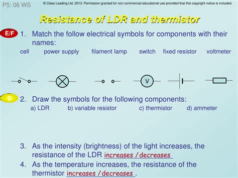 Resistance Of Ldr And Thermistor Graded Questions Teaching Resources