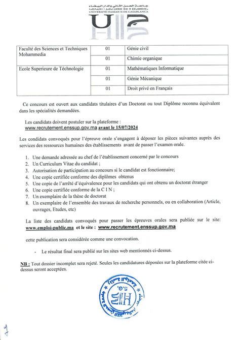 Concours De Recrutement Université Hassan Ii 2024 54 Professeurs
