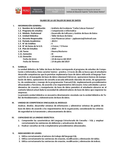 Sílabo Taller Base Datos 2019 1 Pdf Sql Datos