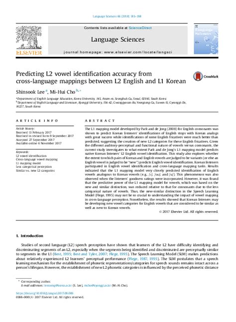 Pdf Predicting L2 Vowel Identification Accuracy From Cross Language Mappings Between L2