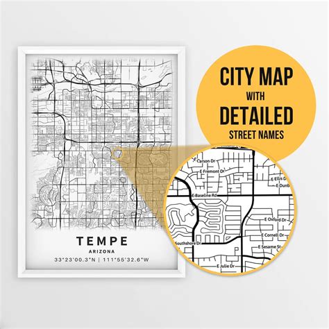 Printable Map Of Tempe Arizona Usa With Street Names Instant Download City Map Travel