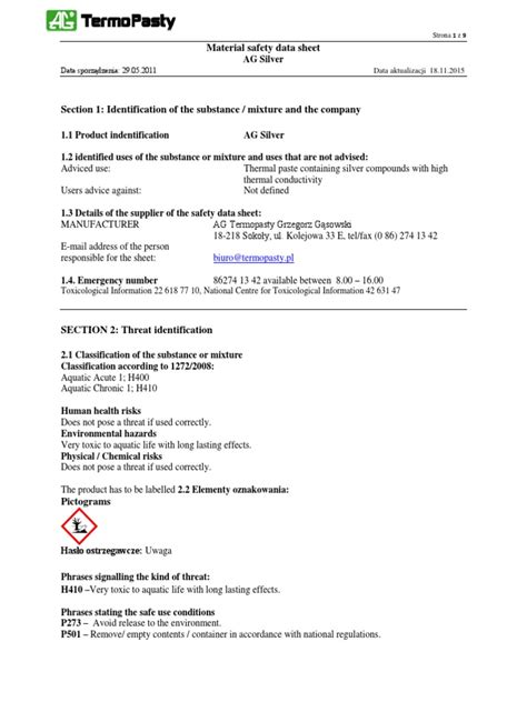 Thermal Paste Safety Sheet Pdf Toxicity Dangerous Goods