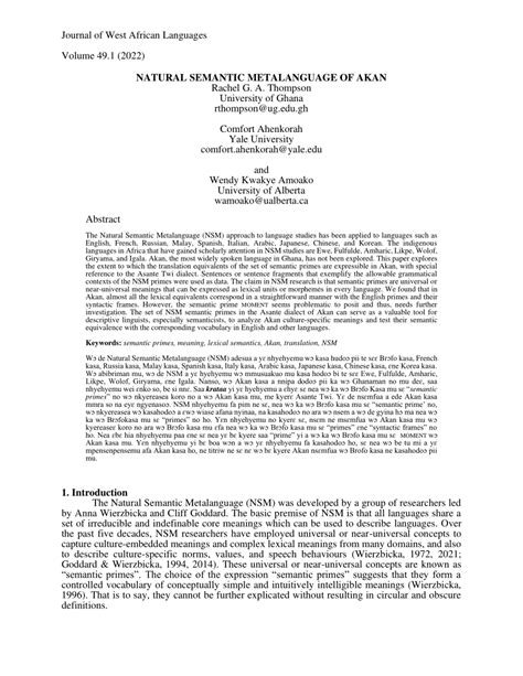 Pdf Natural Semantic Metalanguage Of Akan
