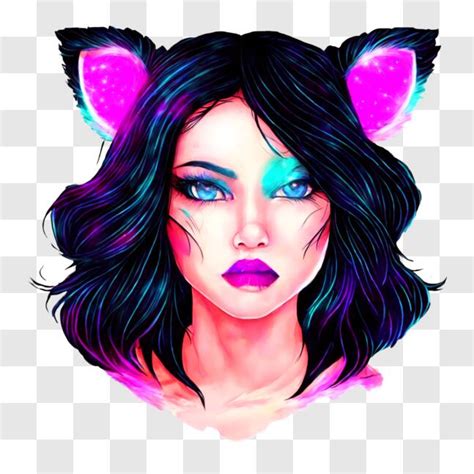 Download Digital Artwork Of A Girl With Cat Ears And Blue Eyes Png