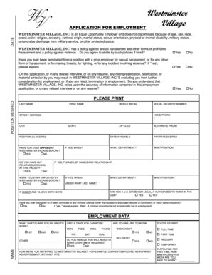 Fillable Online WV Employment App Westminster Village Fax Email Print PdfFiller