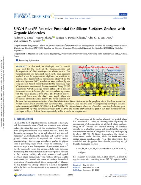 Pdf Si C H Reaxff Reactive Potential For Silicon Surfaces Grafted With Organic Molecules
