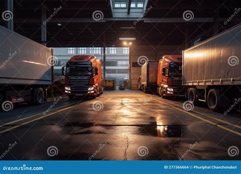 Loading Bay With Two Trucks Parked Outside In The Style Of Modern With