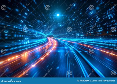 Digital Data Flow Tunnel With Blue And Orange Lights Stock Illustration Illustration Of Space