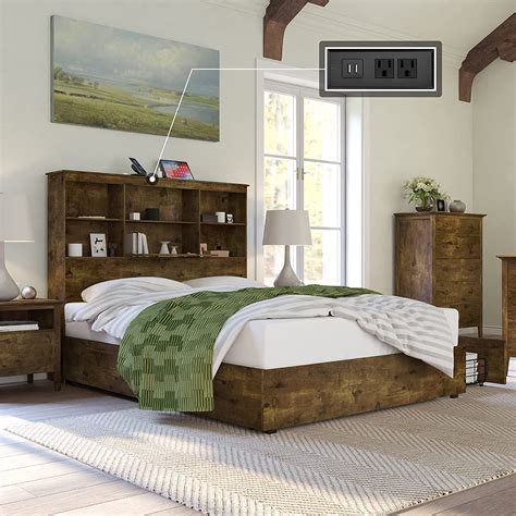 Amerlife Queen Size Bed Frame Wooden Platform Bed With Storage Bookcase