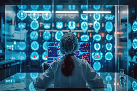 현대적 인 내부 병원 에서 스크린 에서 Mri 뇌 스캔 을 읽는 의사 프리미엄 Ai 생성 이미지