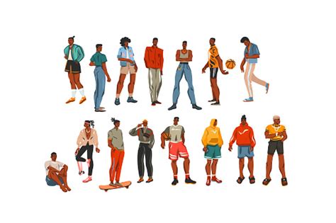 손으로 그린 벡터 추상 스톡 플랫 현대 일러스트 컬렉션 세트 번들 다른 젊은 성인 힙스터 아프리카 계 미국인 남성 패션 스타일