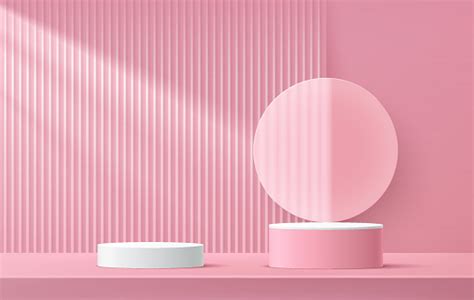 흰색과 분홍색 실린더 받침대 연단 투명한 유리 원을 배경으로 한 핑크 벽 장면 세로 선 텍스처 벡터 렌더링 3d 모양 제품 표시
