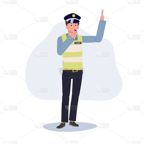 交通警察吹口哨示意停车平面矢量卡通画