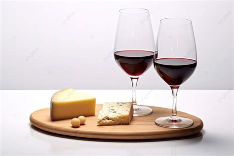 Two White Wine Glasses And A Cheese Board On A White Background Lucky