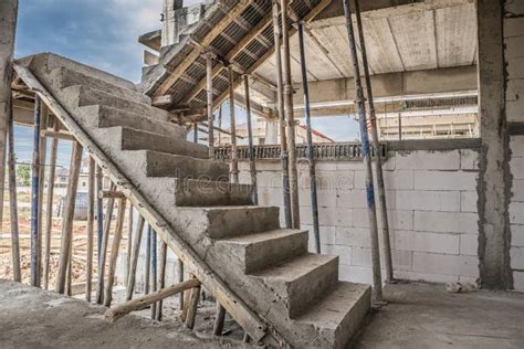 New House Construction With Concrete Staircase At Building Site Stock