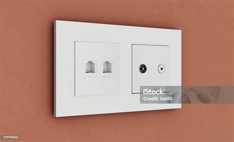 전기 이더넷 케이블 또는 위성 Tv 연결 및 조명 스위치가 있는 멀티 소켓 벽 콘센트 3d 렌더링 3차원 형태에 대한 스톡 사진