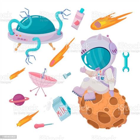 우주비행사 일련의 물체 Ufo 우주선 로켓 태양계 은하 행성 소행성 혜성 별똥별 흰색 배경에 만화 스타일의 벡터 그림 개념에