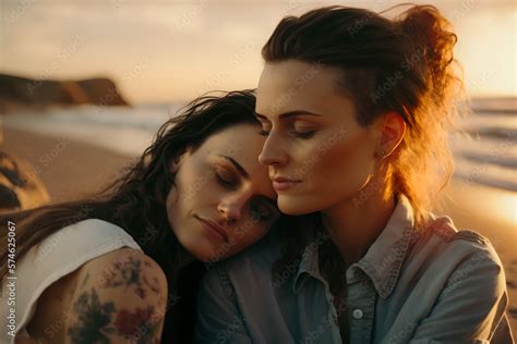 A Young Caucasian Lesbian Couple Hugging And Embracing Each Other In An Intimate Moment On The