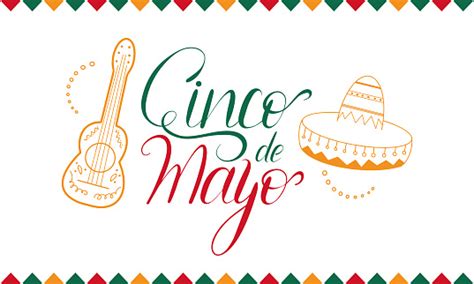 멕시코에 있는 Cinco 데 마요 필기 글자입니다 전통적인 멕시코 휴가를 위한 스타일 서 예 기타 솜브레로 플래그 및 기타 요소와 낙서 행복 한 축제 파티 벡터 일러스트 0