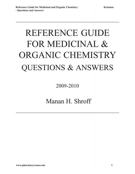 Reference Guide For Medicinal Organic Chemistry Pharmacy Exam