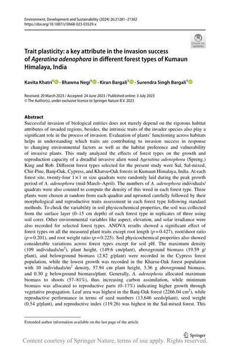 Trait Plasticity A Key Attribute In The Invasion Success Of Ageratina Adenophora In Different