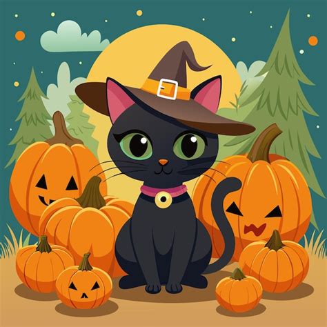 Un Gato Negro Con Un Sombrero De Bruja Se Sienta Frente A Las Calabazas