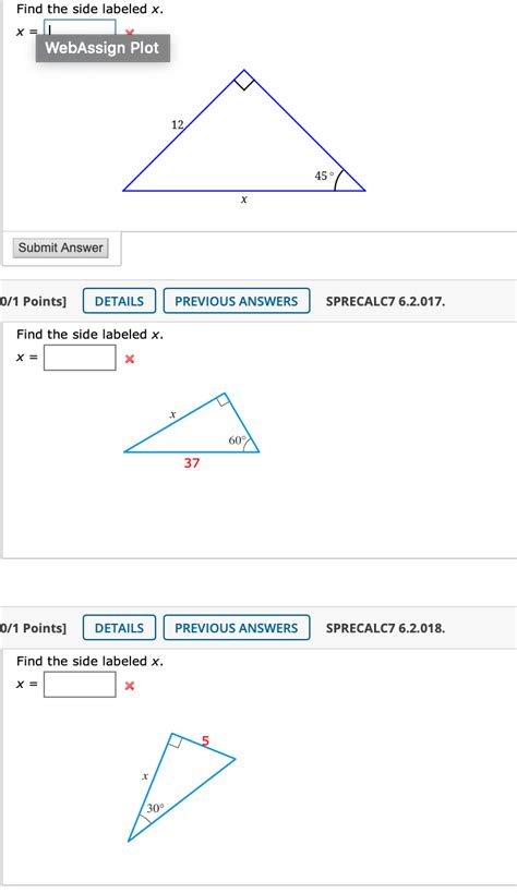 Solved Find The Side Labeled X X Webassign Plot 12 45 х