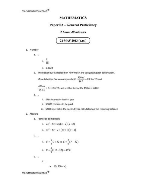 Csec Mathematics May 2013 Solutions Csec Math Tutor Mathematics