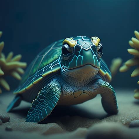 Premium Ai Image A Turtle With A Green Shell On Its Head Is In Front Of Some Corals