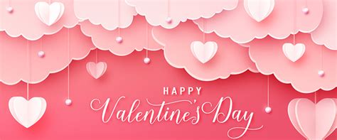 해피 발렌타인 데이 인사말 배경 종이컷 현실적인 스타일 종이 하트 구름과 진주 문자열에 핑크 사랑 배너 파티 초대 템플릿입니다