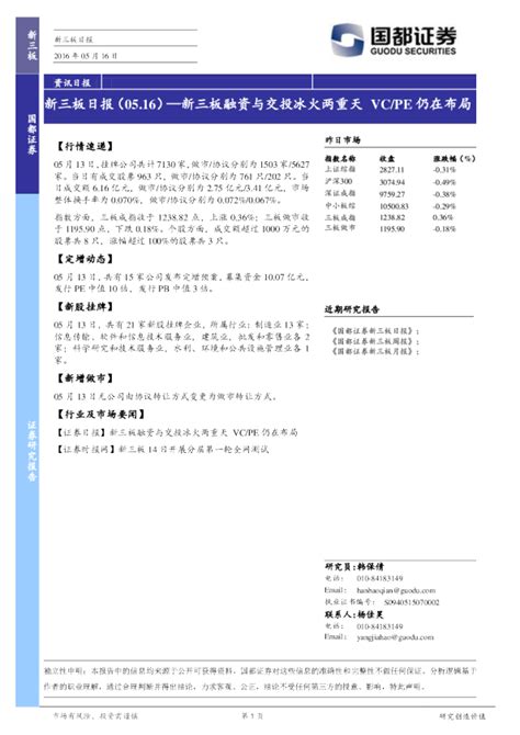 新三板日报：新三板融资与交投冰火两重天 Vcpe仍在布局