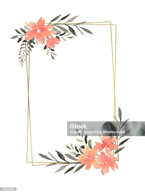 수채화 꽃 직사각형 프레임 오렌지 꽃과 녹지의 구성 금색 질감의 프레임 인사말 카드 또는 청첩장 어머니의 날 생일 3 월 8 일 포스터 로고에 대 한 식물 템플릿의 손으로