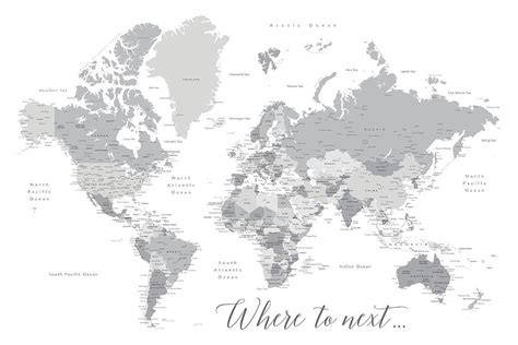 Where To Next World Map With Cities In Grayscale Painting By Steve