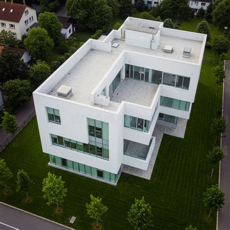 Modern White Building With A Geometric Angular Design Featuring Large Glass Windows Stock