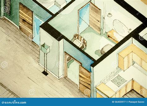 Dibujo Arquitectónico Parcial Isométrico De La Acuarela Del Plan De Piso Del Apartamento