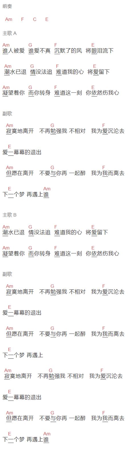 吉他新手节奏型乐谱《离开》6线谱 魅c调编配和弦谱弹唱谱 原调d调 国语版初级吉他谱 易谱库