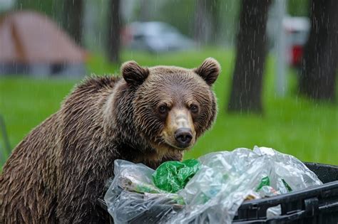 A Wet Grizzly Bear Sniffs A Trashcan In The Rain Premium AI Generated