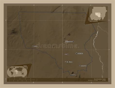 North Kurdufan Sudan Sepia Labelled Points Of Cities Stock