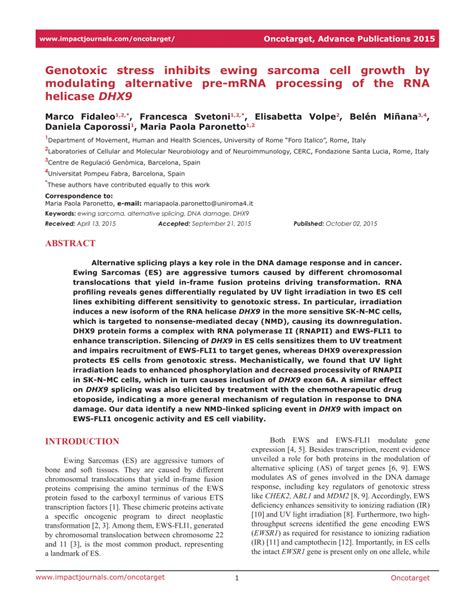 Pdf Genotoxic Stress Inhibits Ewing Sarcoma Cell Growth By Modulating