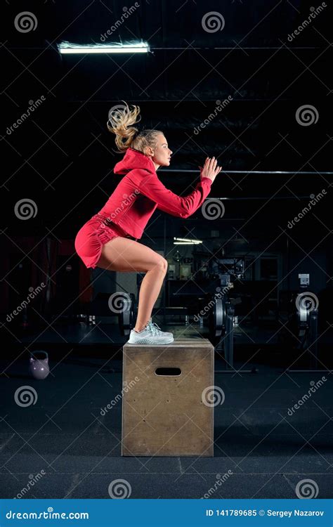 Female Athlete Is Performing Box Jumps At Gym Stock Image Image Of