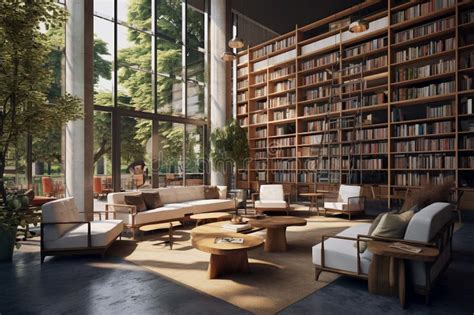A Modern Library With Large Windows Library Interior Stock