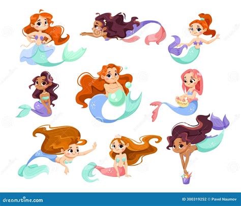 Mermaid Or Seamaid With Lush Hair Floating Underwater Vector Set