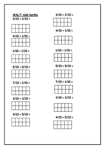 Adding Tenths Worksheet Teaching Resources