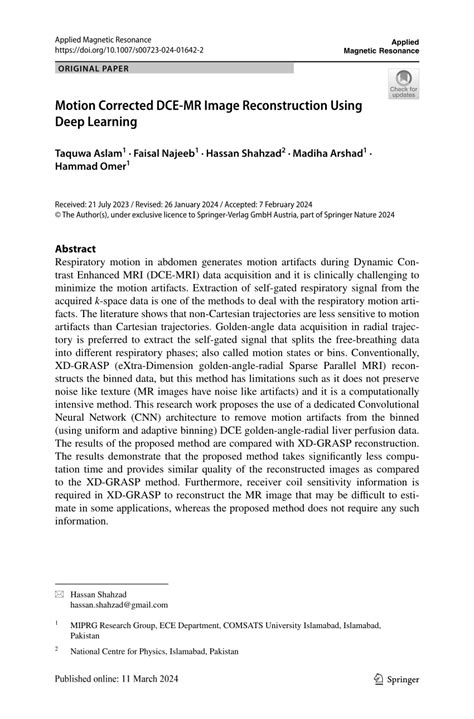 Pdf Motion Corrected Dce Mr Image Reconstruction Using Deep Learning