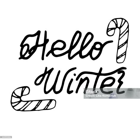 Hello Winter라는 텍스트 비문은 흰색 배경에 장식 요소 사탕 지팡이로 장식되어 있습니다 엽서 디자인의 기초 스티커 직물 접시 Vector 구성 12월에 대한 스톡