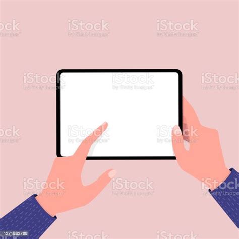 손 홀링 태블릿 컴퓨터와 빈 화면을 가리키는 편집 가능한 태블릿 템플릿입니다 가리키기에 대한 스톡 벡터 아트 및 기타 이미지